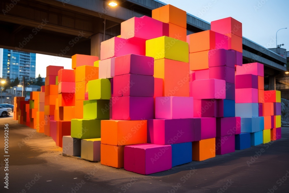 Dark concrete blocks in an urban setting transformed into an art ...