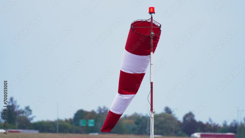 View on windsock with red and white stripes. Show direction of wind ...
