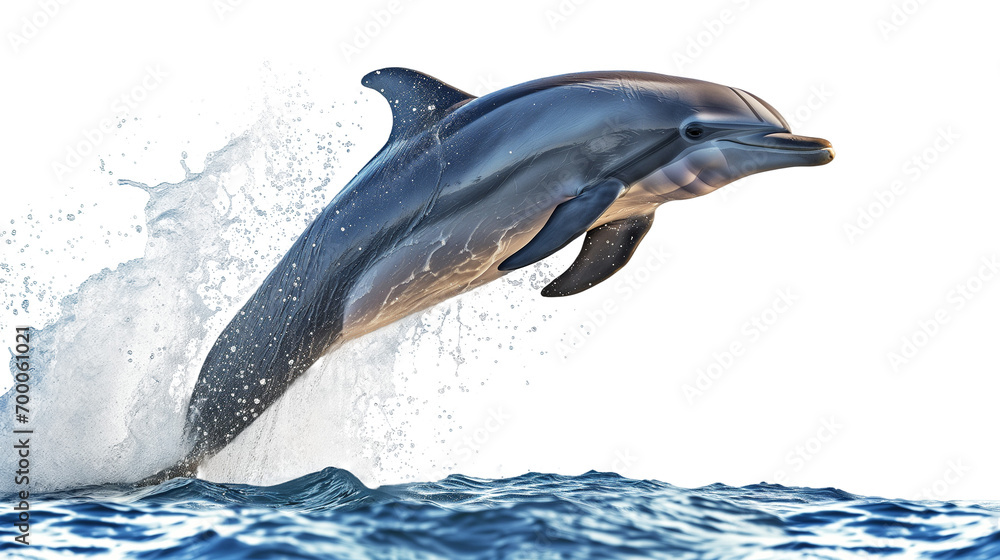 Bottlenose dolphin jumping out of the sea, water splashing over the ...