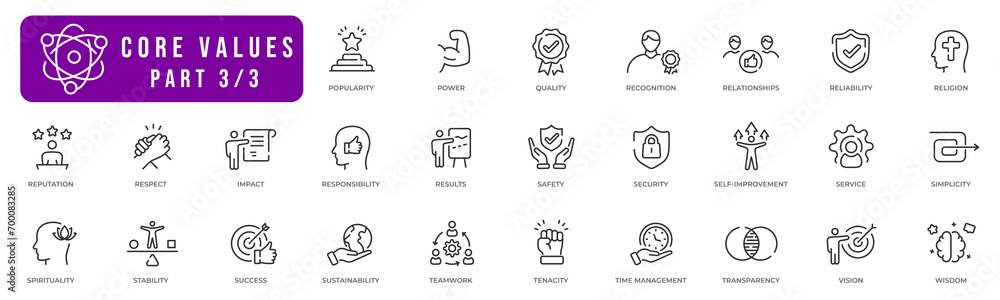 Core value line icon collection vol 3. Power, Quality, Relationships ...