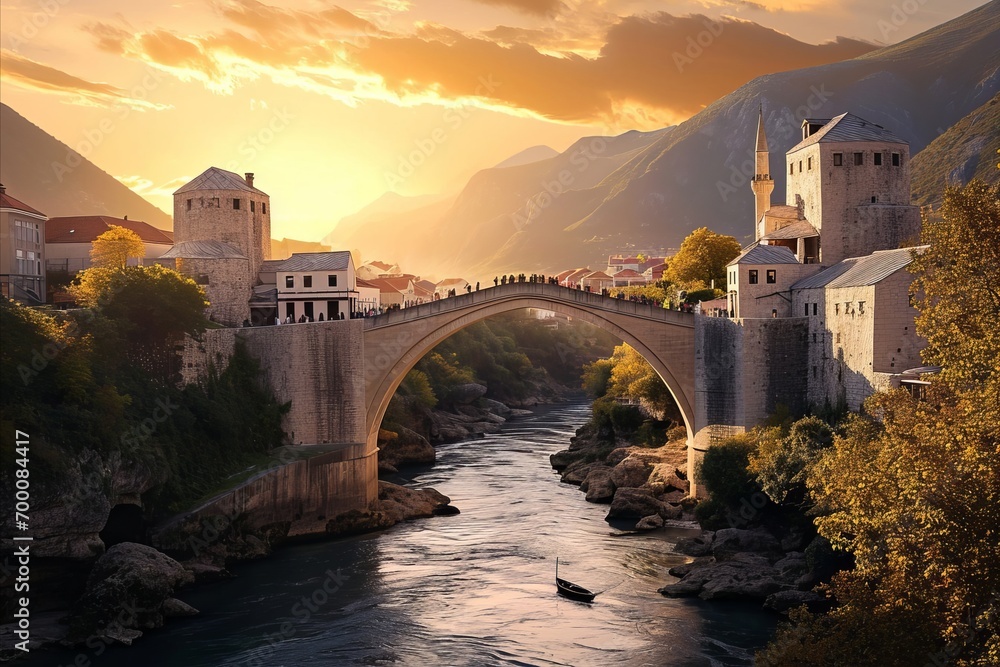 The Mostar Old Bridge, a UNESCO site, spans the Neretva River in Bosnia ...