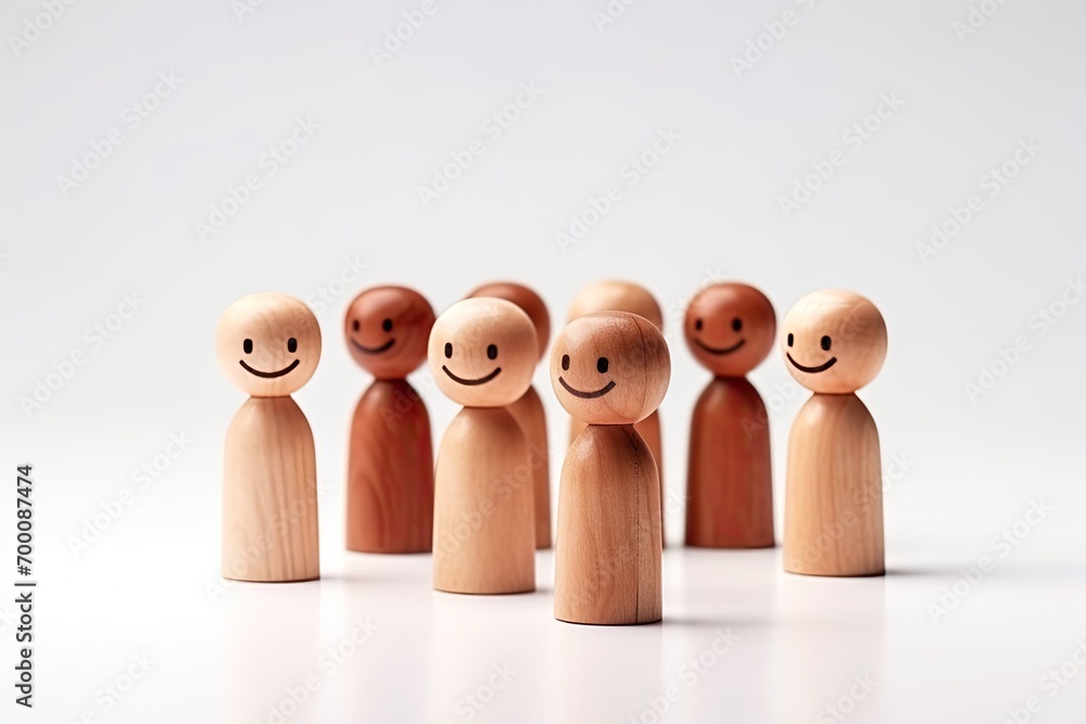 Wooden leader girl influencer with cute face emoticon stands before ...
