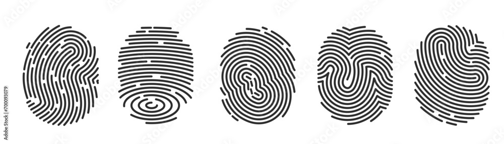 Black detailed fingerprints flat illustration set. Police electronic ...