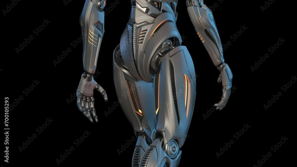 Futuristic robot man walk cycle or humanoid cyborg walking in loop. 3d ...