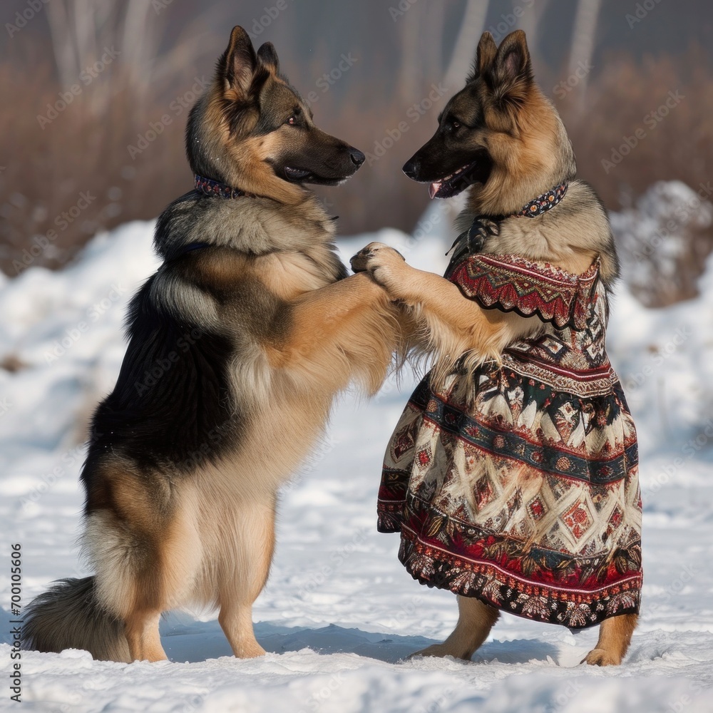 An endearing scene of two German Shepherds dressed in traditional ...