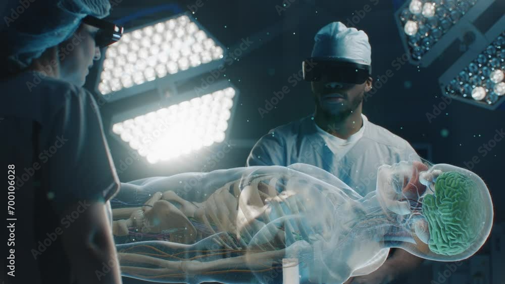 Diverse surgeons in AR headsets work in operating room. African ...