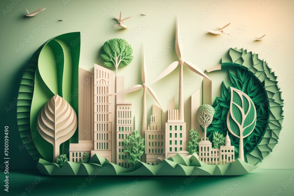 Concept of renewable energy. Image of a green leaf created in the paper ...