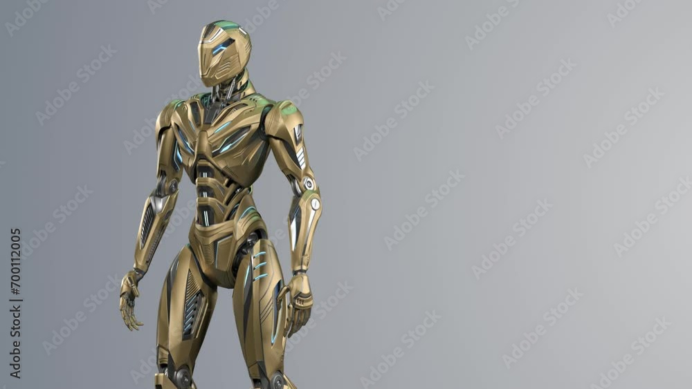 Futuristic alien robot walk or yellow humanoid cyborg steps from right ...
