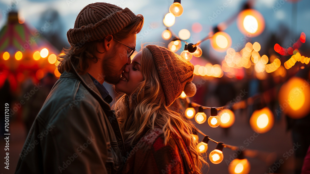 Thrill of Young Love: Teenage Couple Sharing a Kiss at the Amusement ...