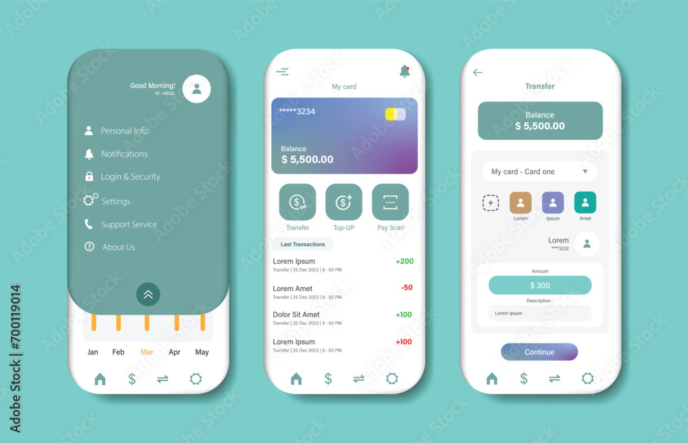 Personal finance app with money transfer, transaction, top-up, pay ...