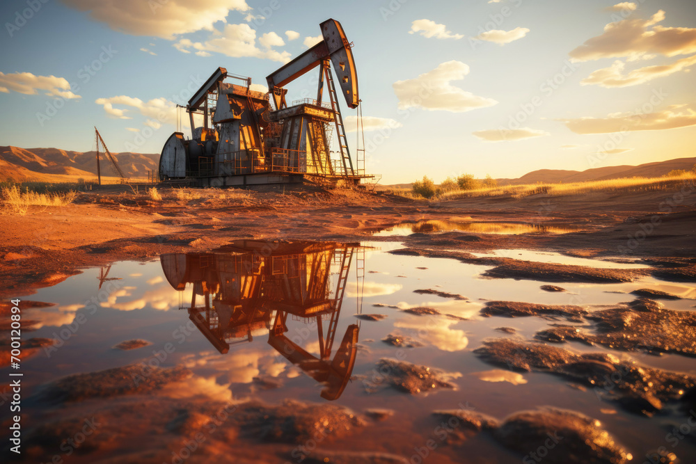 Old crude oil pumpjack rig on desert silhouette in evening sunset ...