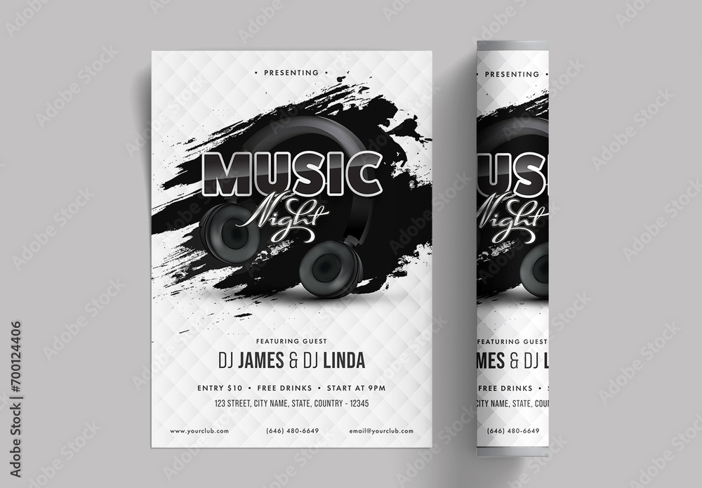Music Night Party Flyer, Invitation Card Design in Black Brush Stroke ...