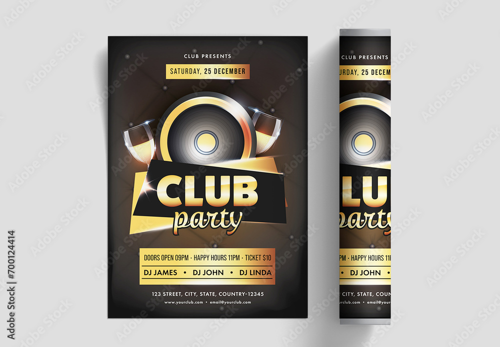 Club Party Flyer Layout With Realistic Wine Glasses And Woofer Stock ...