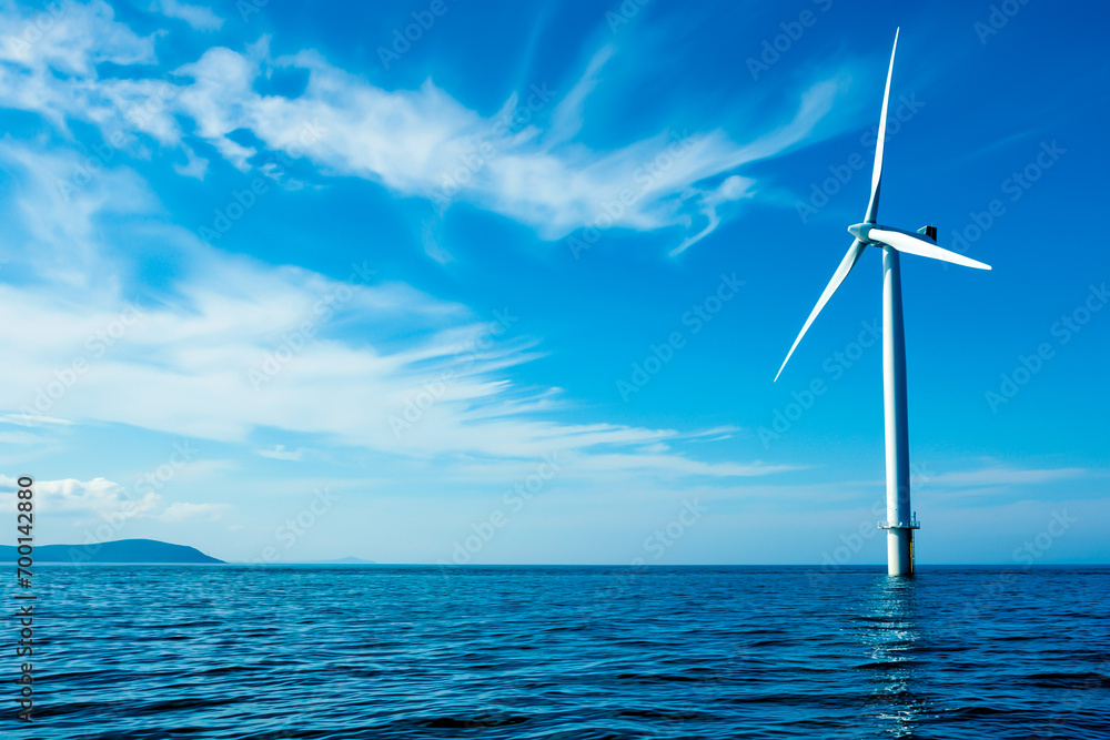 Offshore wind turbine at sea with a clear blue sky. Stock Photo | Adobe ...