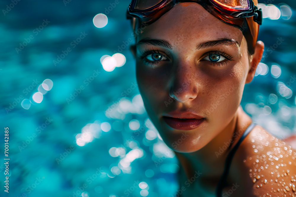 Confident female swimmer at poolside, ready for competition. Shallow ...