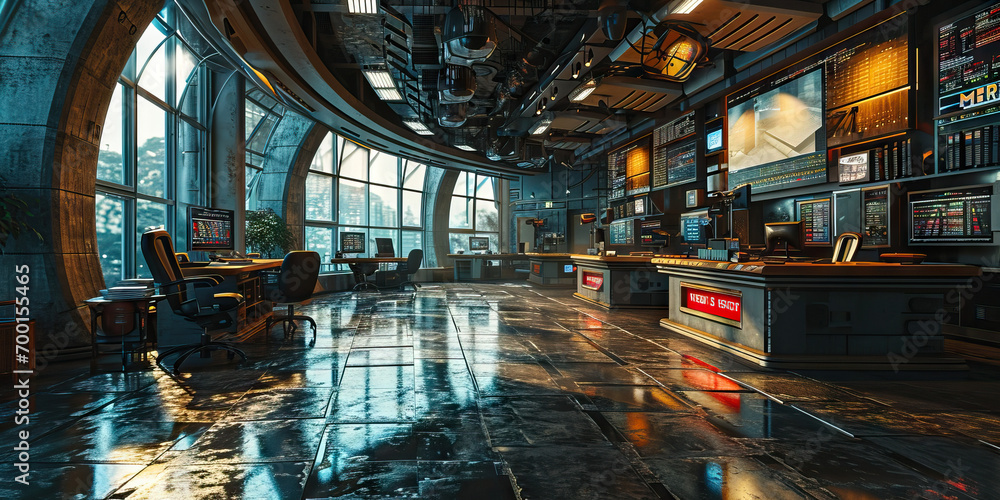 Vacant Newsroom Set: Empty Anchor Desks, Silent News Tickers, and ...