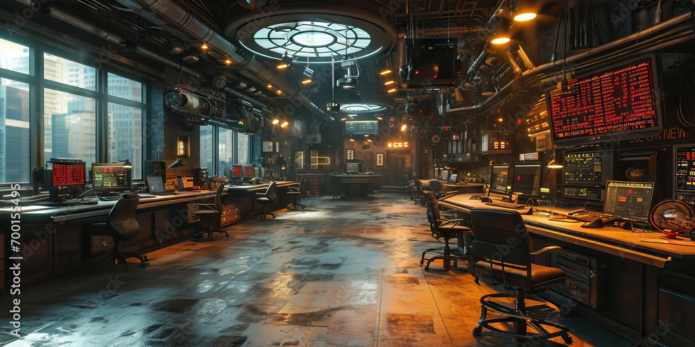 Vacant Newsroom Set: Empty Anchor Desks, Silent News Tickers, and ...