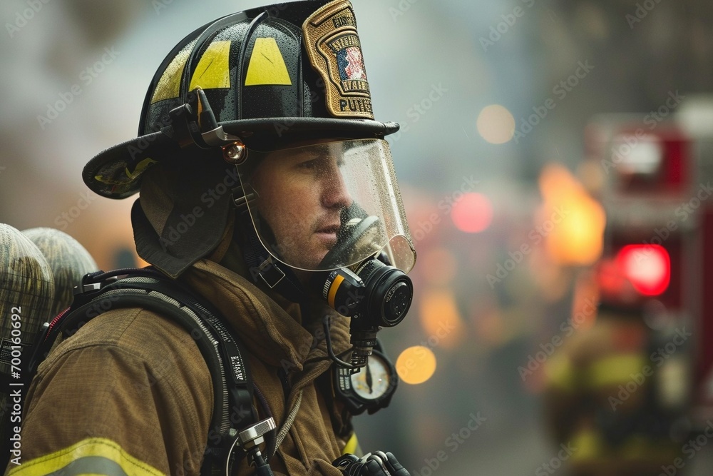 A heroic firefighter takes center stage amidst the backdrop of roaring ...