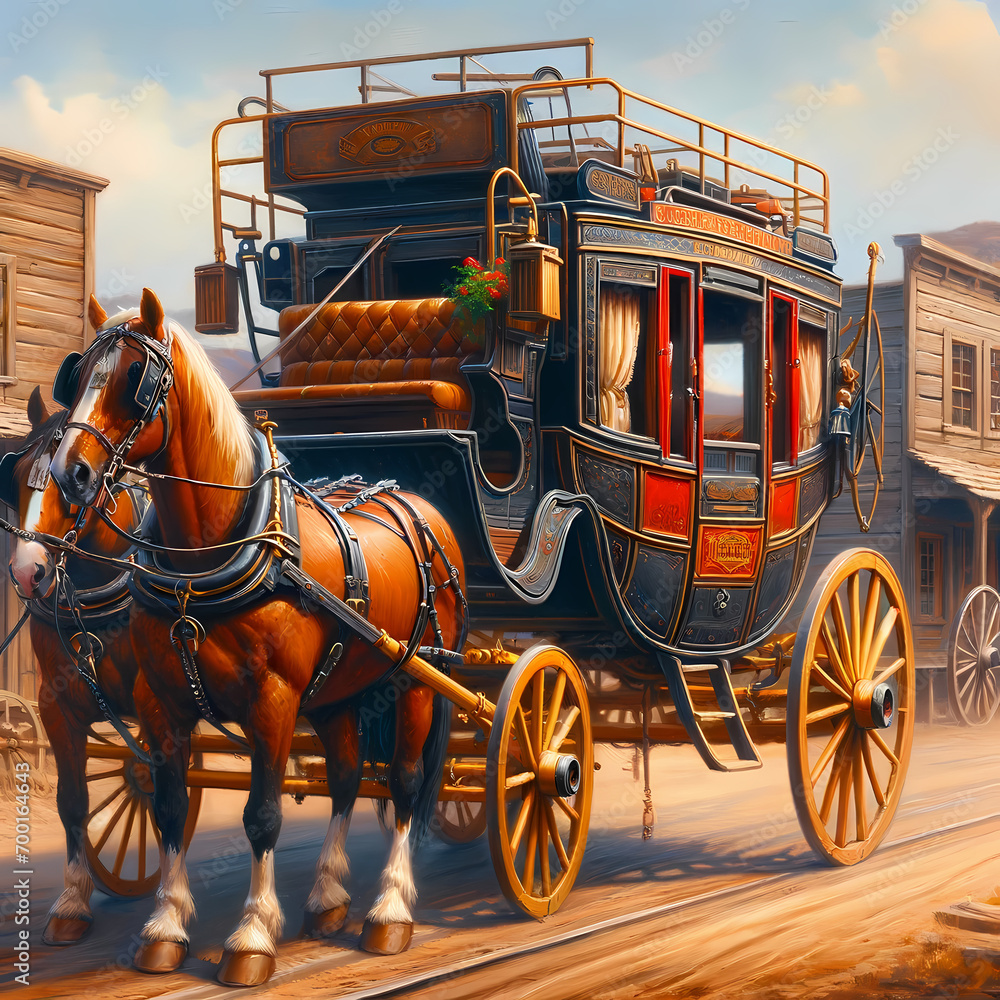 A classic stagecoach, a primary mode of transportation in the Wild West ...