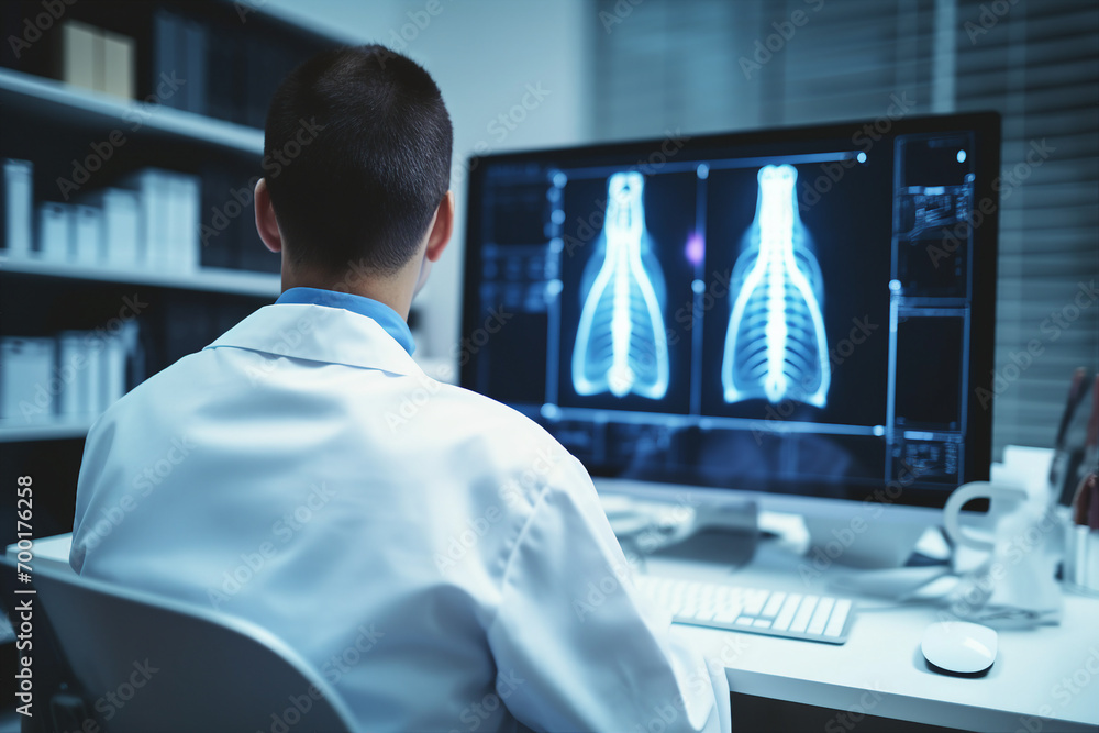 Experienced doctor in operation room analyzing x ray diagnosis surgeon ...