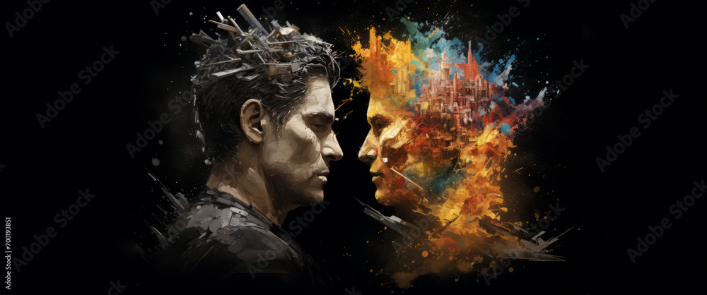 Digital art depiction of a man holding a pair of scissors in front of a ...