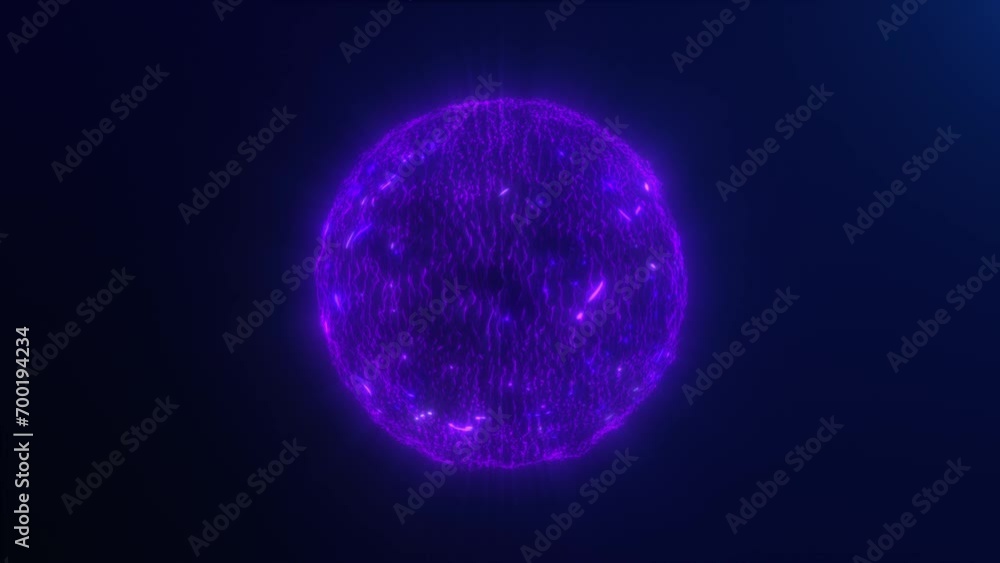 Bright glowing rotating particle purple pink sphere on dark background ...