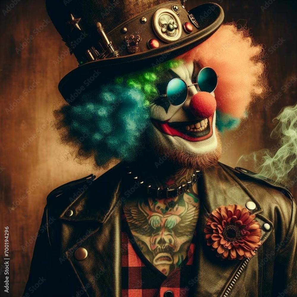 Enter the Circus of Duality with our Vibrant Clown! In an aged setting ...