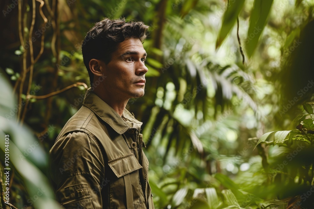 Jungle safari male model in khaki attire, amidst lush greenery and ...