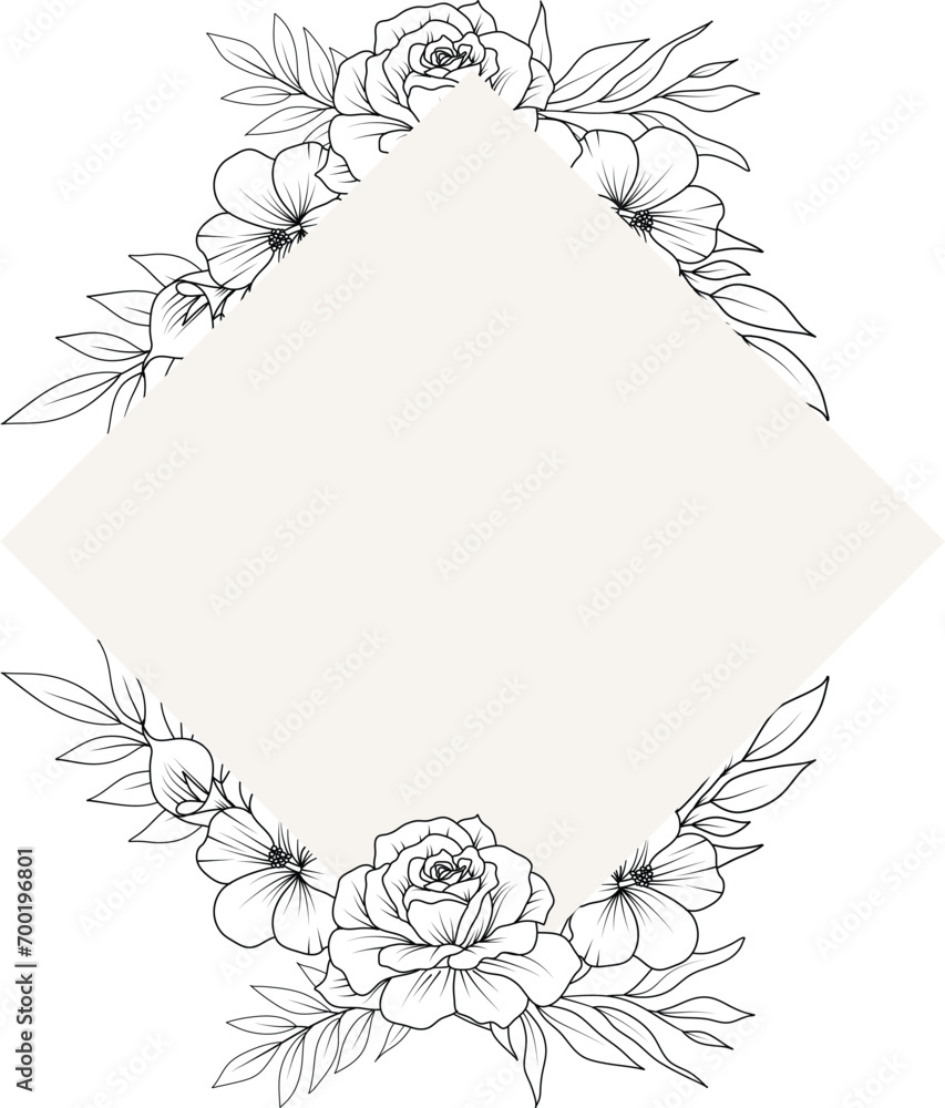 Flower Frame. Hand drawn Botanical vector illustration. Black and white ...