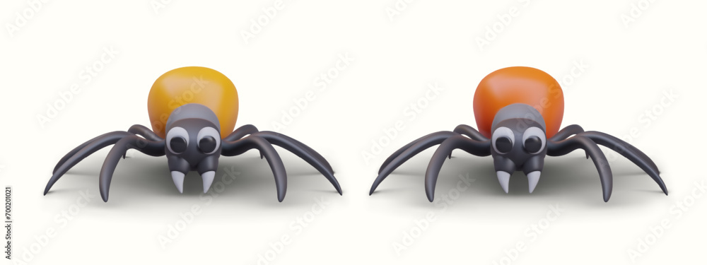 Realistic spiders with sharp fangs. Predatory insects, front view. Set ...