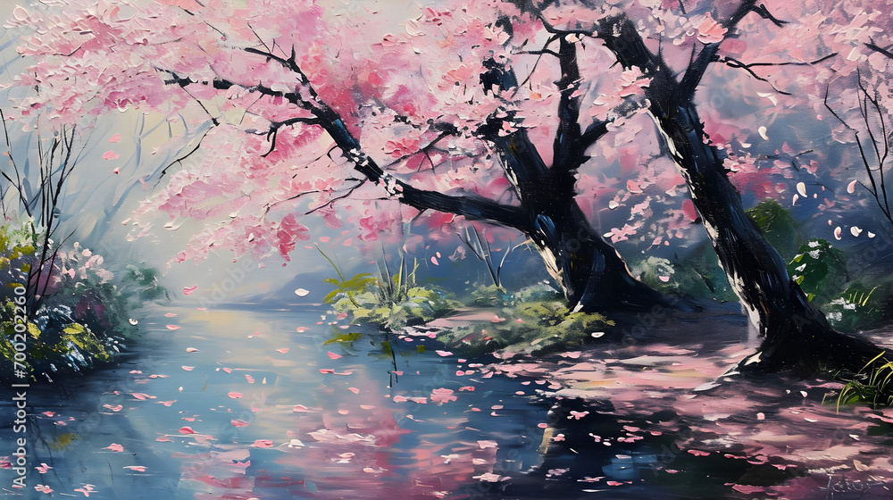 Cherry Blossom oil painting in spring next to calm river - 3d wallpaper ...