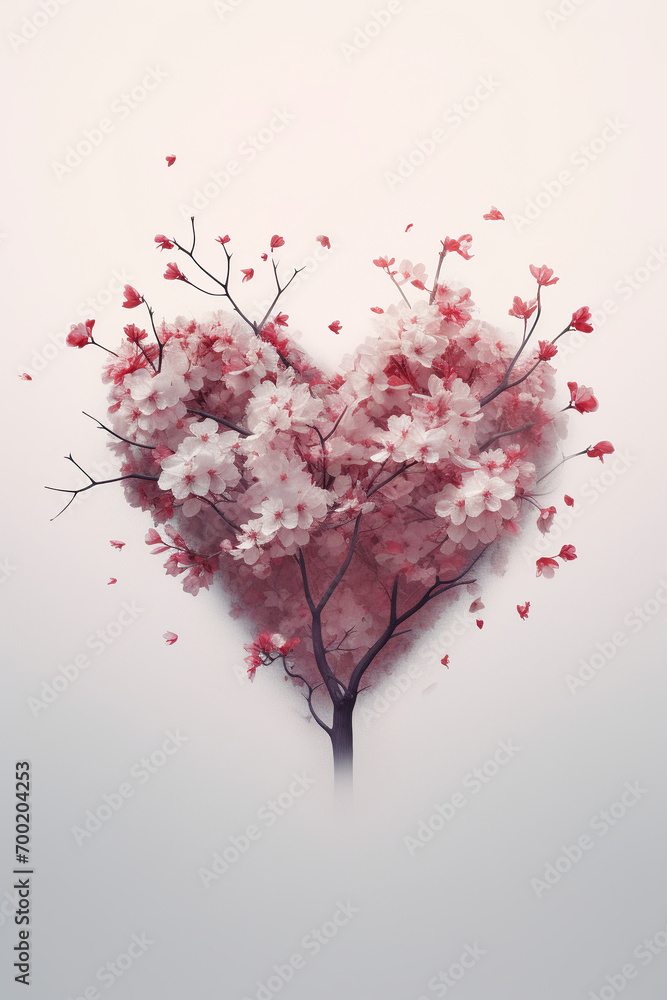 Heart-shaped cherry blossom tree, symbolizing love and spring. Vertical ...