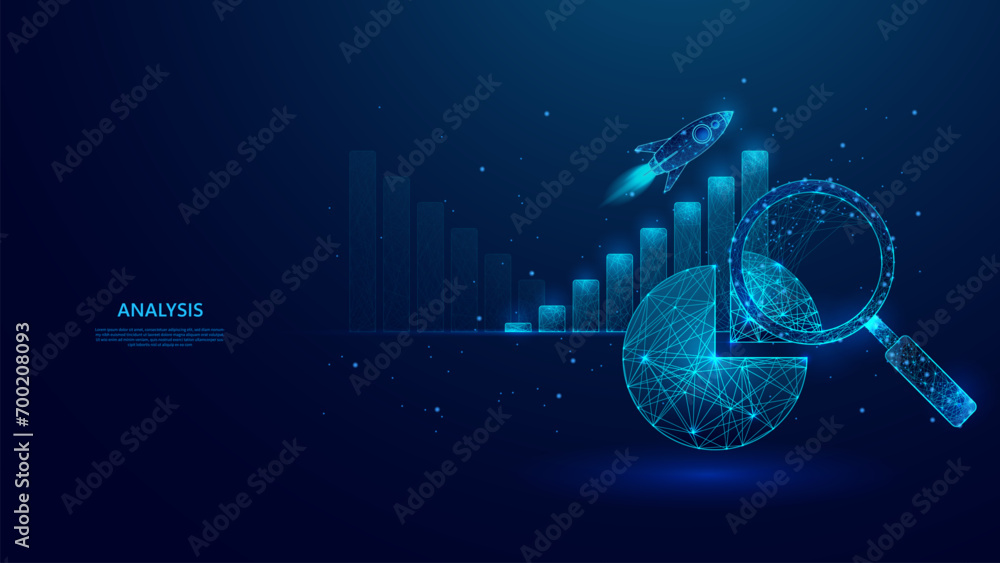 rocket launch, bar graph, pie graph, magnifying glass. growth analysis ...