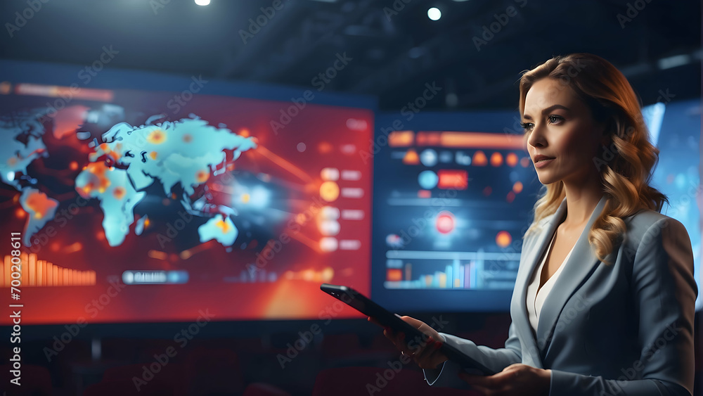 Female speaker on stage presenting, successful woman speaker giving ...