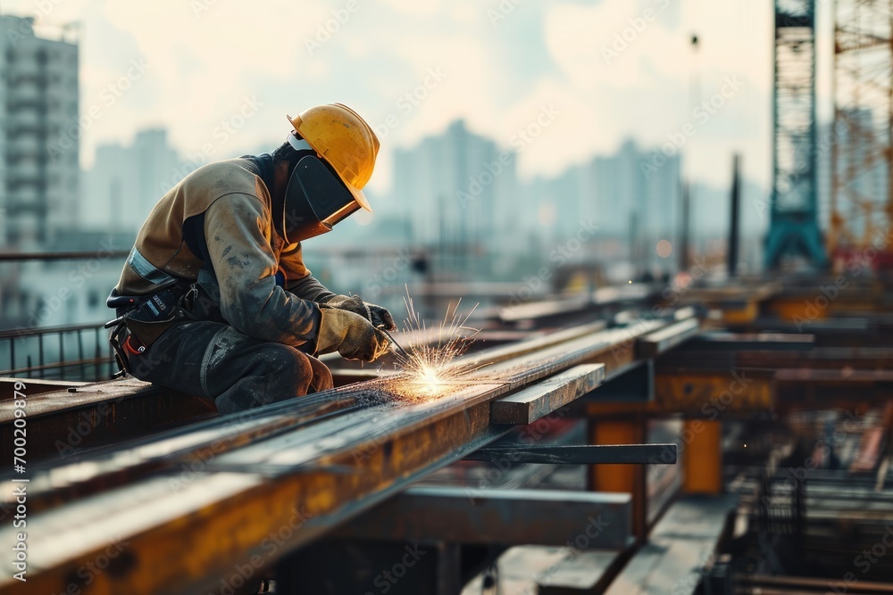 Foto de Welding Heights: Construction Worker Welding Steel Beams on a ...
