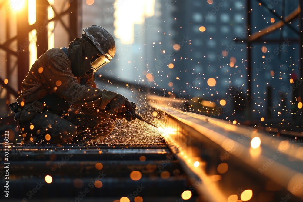 Welding Heights: Construction Worker Welding Steel Beams on a High-Rise ...