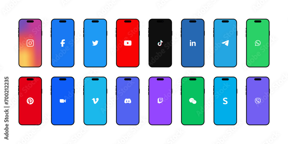 Social media on iPhone screen icons. Popular social media logo ...