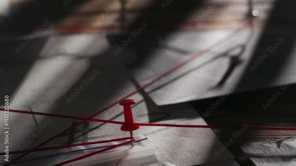 Close up shot of investigation board. Detective board with map of crime ...