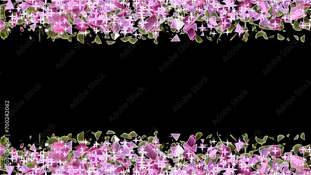 Cherry blossom petals display frame with flower petals and particle ...