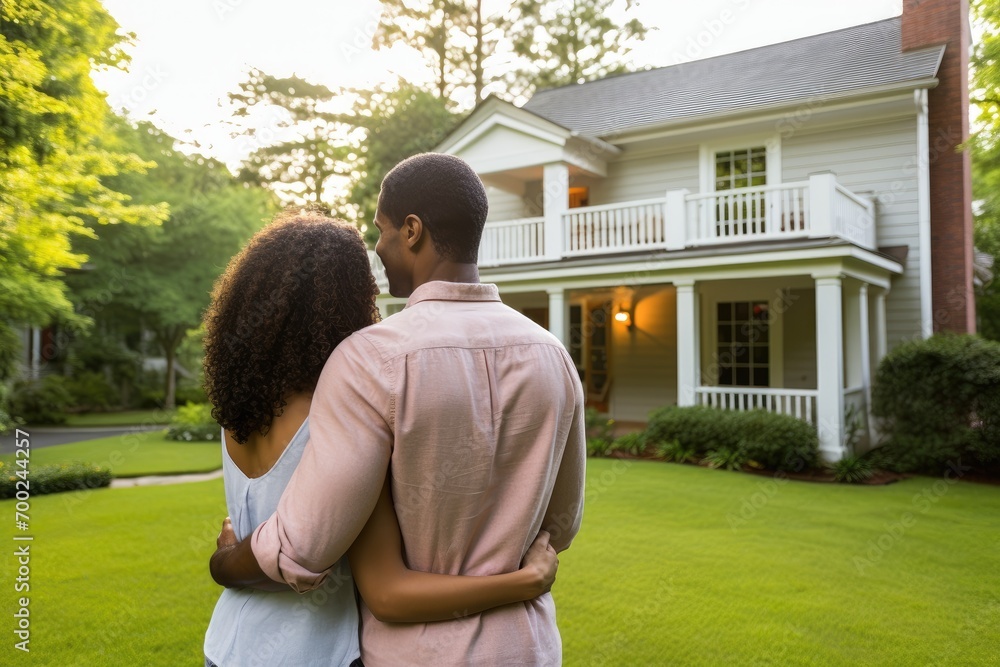 Happy homeowners in front of house embracing facing house, facing away ...