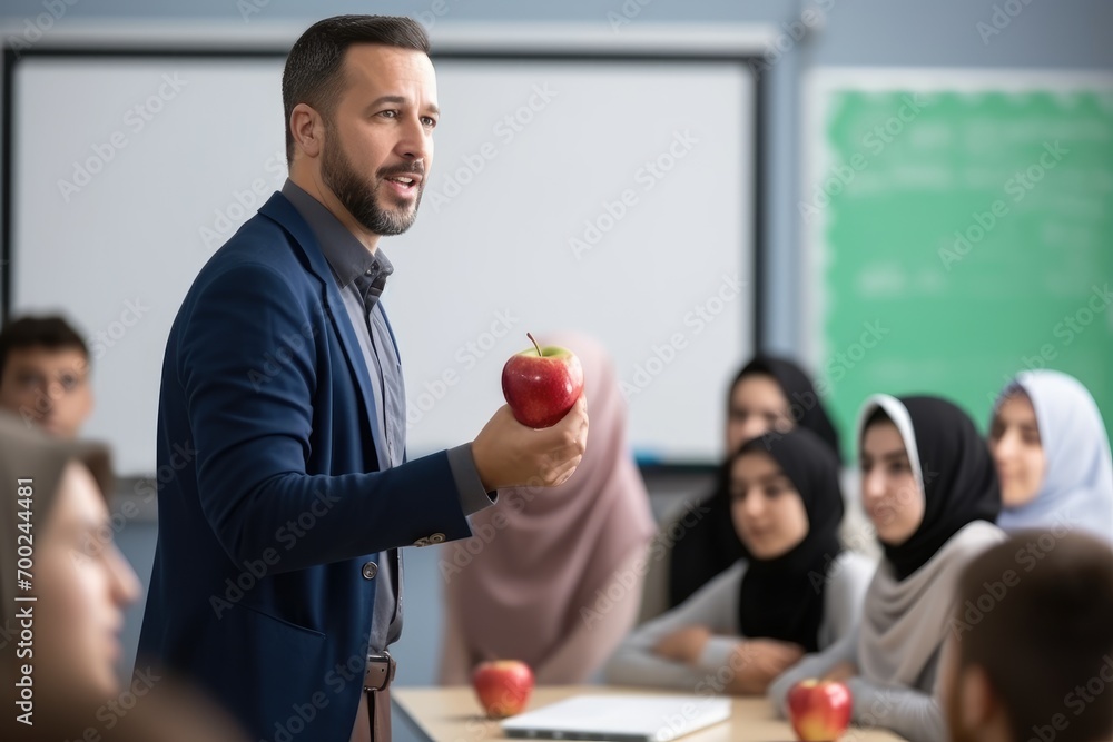 Hyper-realistic photo of a teacher instructing in the classroom, copy ...