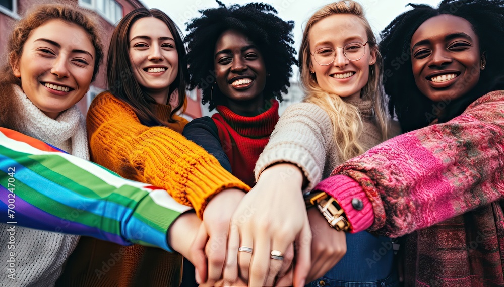 Lgbt group of people stacking hands outside , Diverse happy friends ...