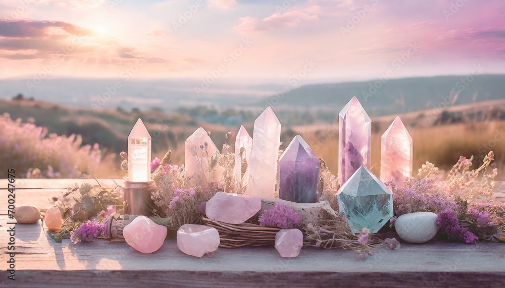 Cristaux de roche de différentes couleurs posés sur du bois avec un ...