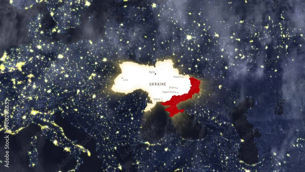 Ukraine highlighted on a night world map, featuring major cities' names ...