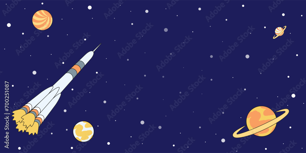 Space themed template with rocket, planets, stars on dark blue ...