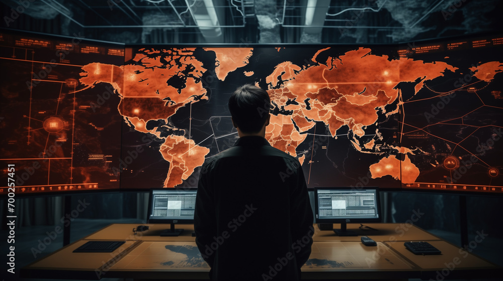Person analyzes global data on a large digital world map, highlighting ...