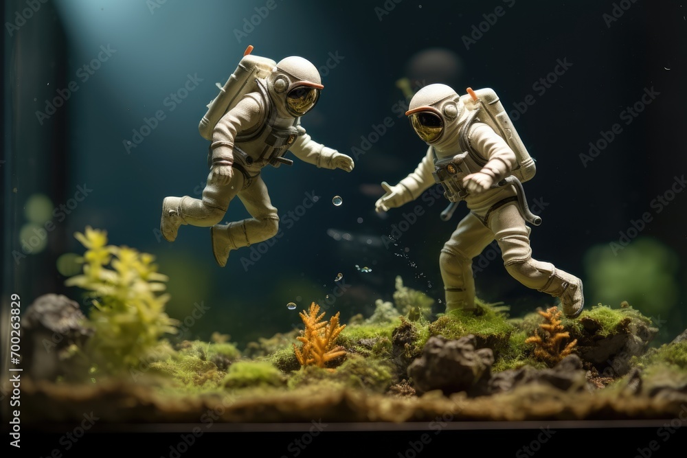 Oceanic Odyssey: Toy Figures of Divers at the Bottom of the Aquarium ...
