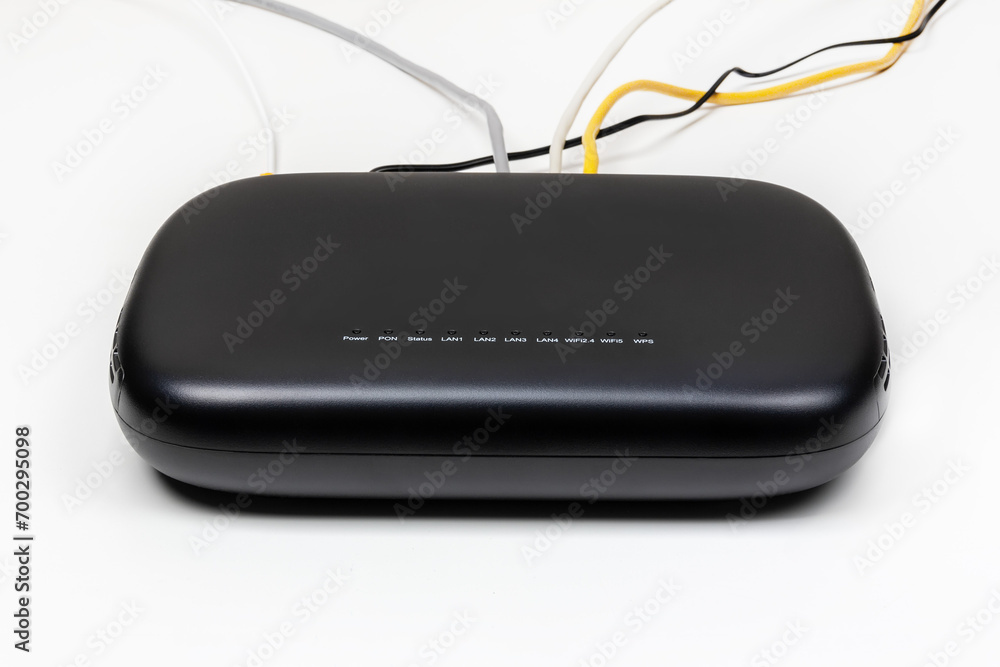 black gpon subscriber terminal with connection to a fiber optic ...