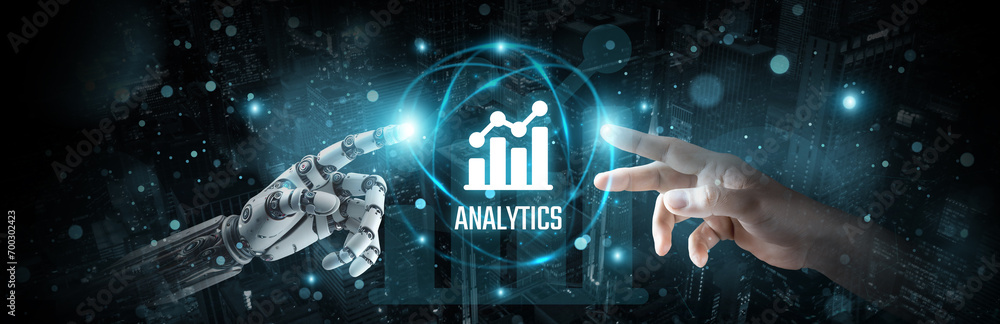 Data analytics, Hands of robot and human touch on interconnected ...
