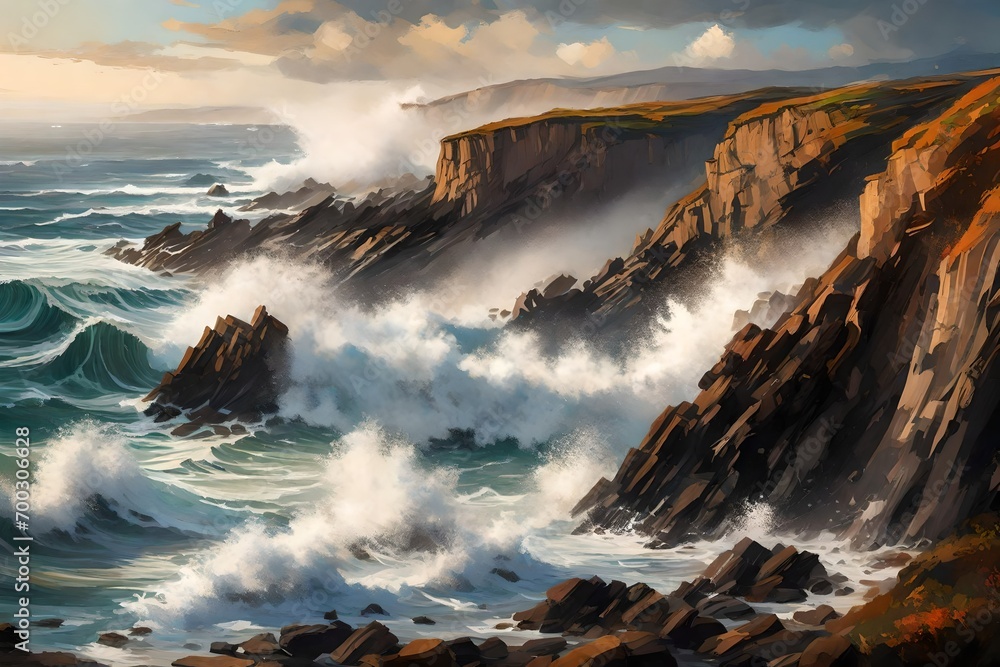 Document a windswept coastal scene, where waves crash against rugged ...